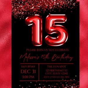 Editable 15th Birthday Invitation, Red and Black Invitation, Red 15 ...