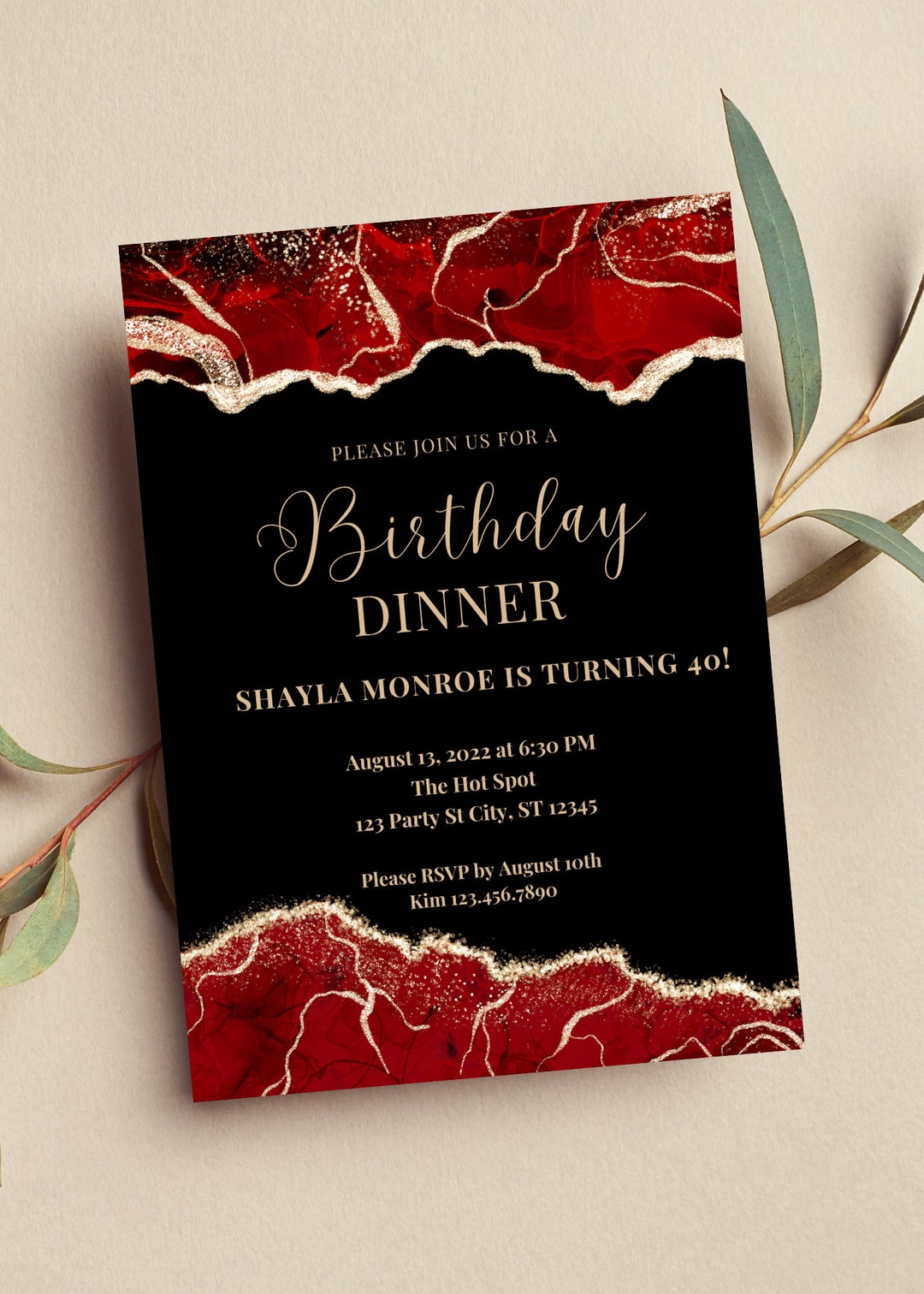 Editable Red And Gold Invitation Birthday Dinner Printable Or Digital