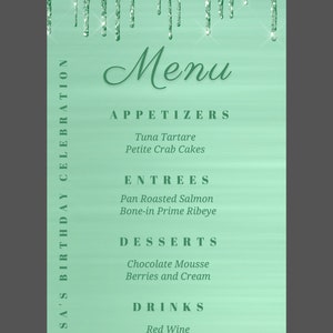 Editable Mint Green Menu Card Template, Mint Green Glitter Drip Menu ...