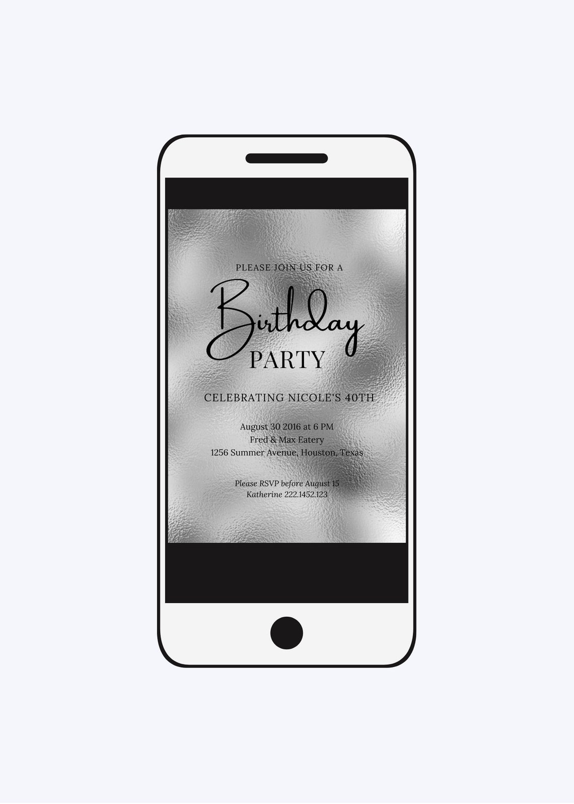 Editable Silver Birthday Invitation, Minimalist, Modern, Printable or ...
