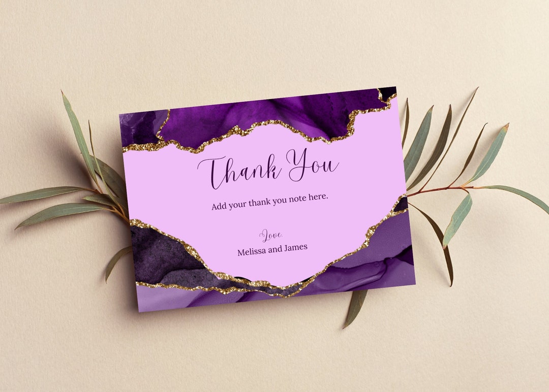 Printable Thank You Card, Purple and Gold Thank You Note, Editable ...