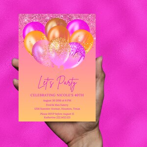Editable Pink and Orange Birthday Invitation, Let's Party Balloons ...