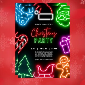 Editable Neon Christmas Party Invitation, Printable or Digital Invite ...