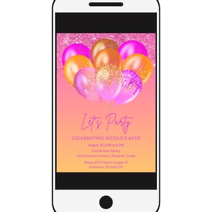 Editable Pink and Orange Birthday Invitation, Let's Party Balloons ...