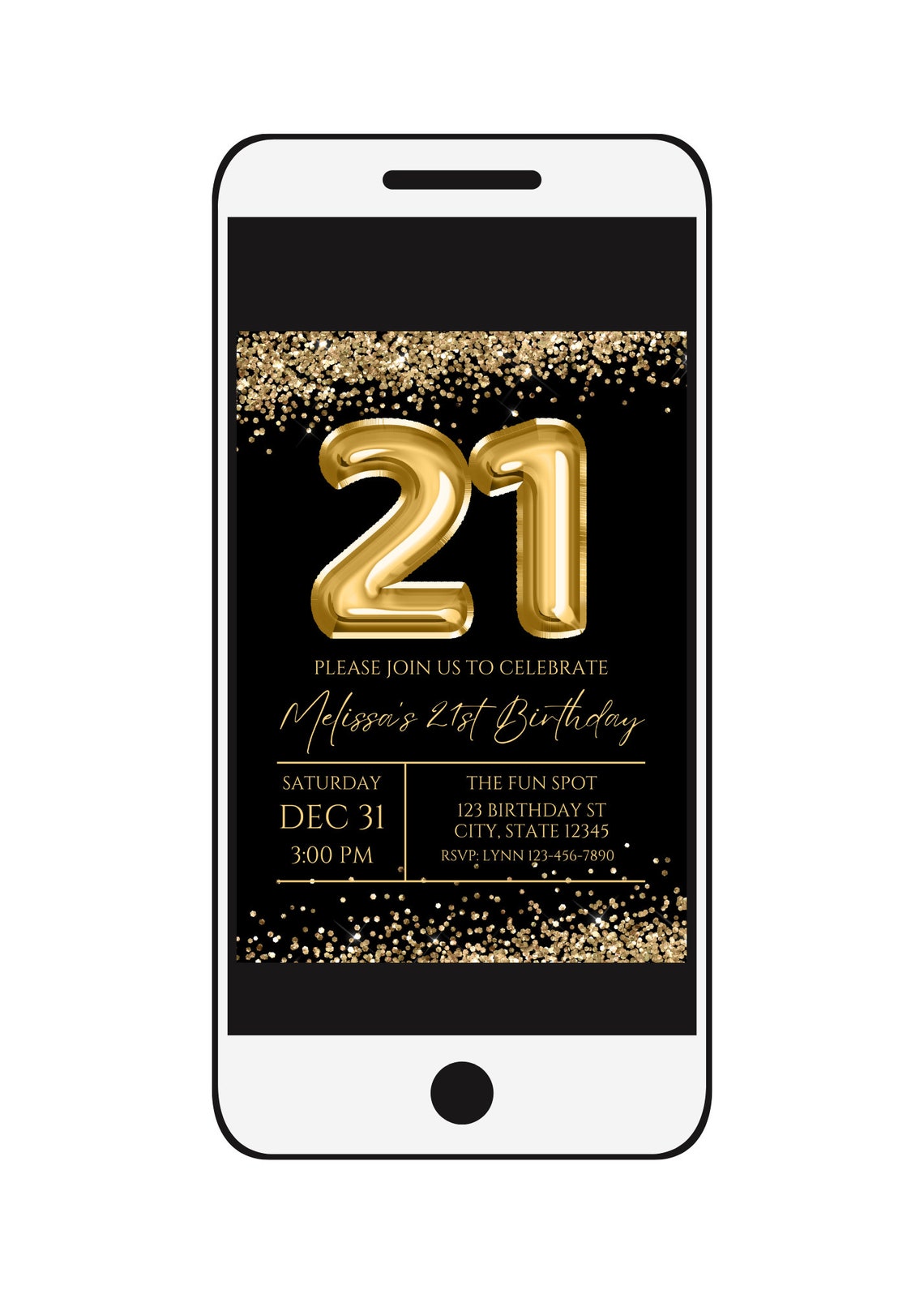 Editable 21st Birthday Invitation, Black and Gold Invitation, Gold 21 ...