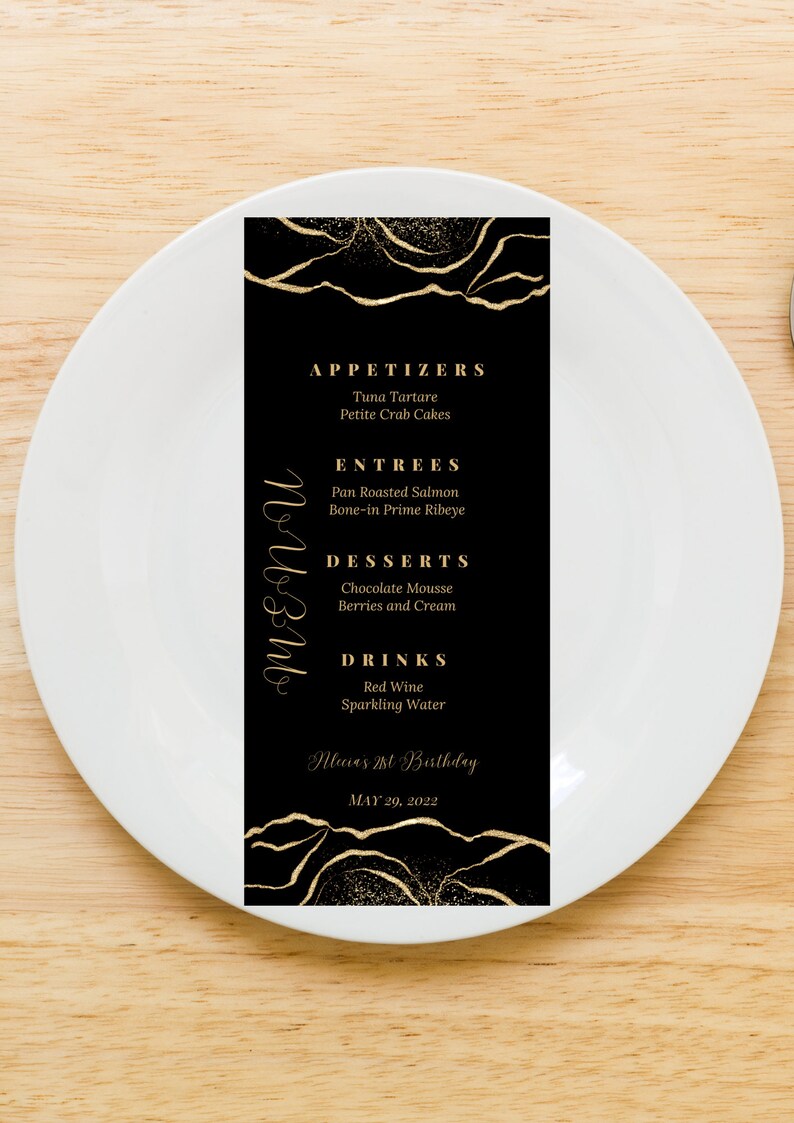 Editable Menu Card Template Black and Gold Menu Card - Etsy