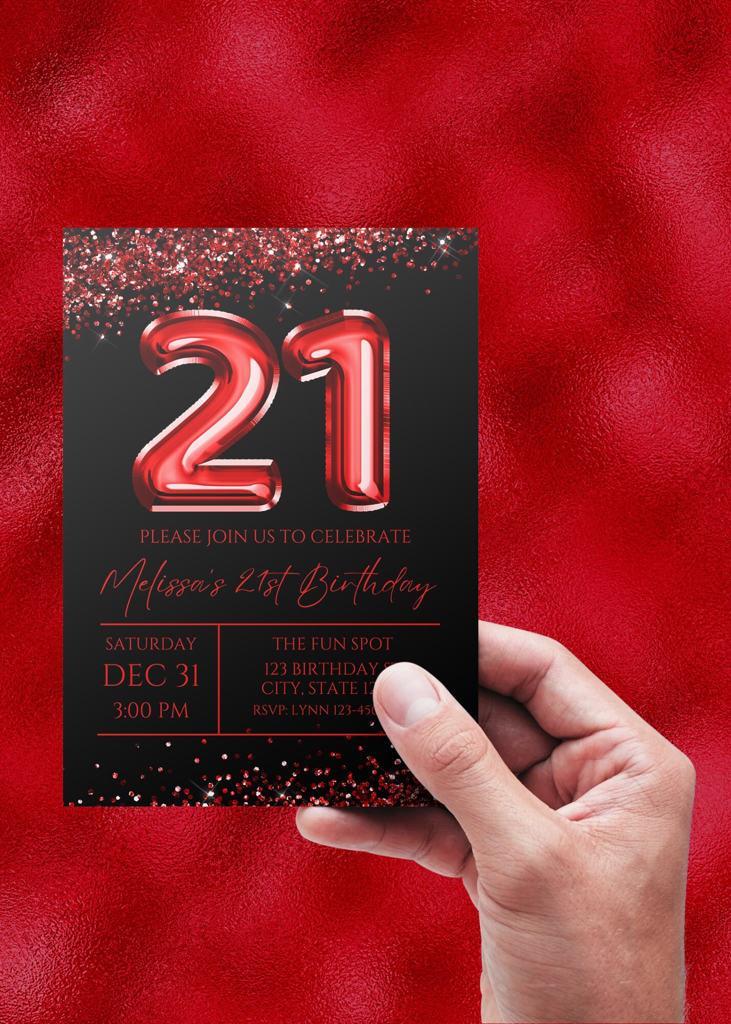 Editable 21st Birthday Invitation, Red and Black Invitation, Red 21 ...