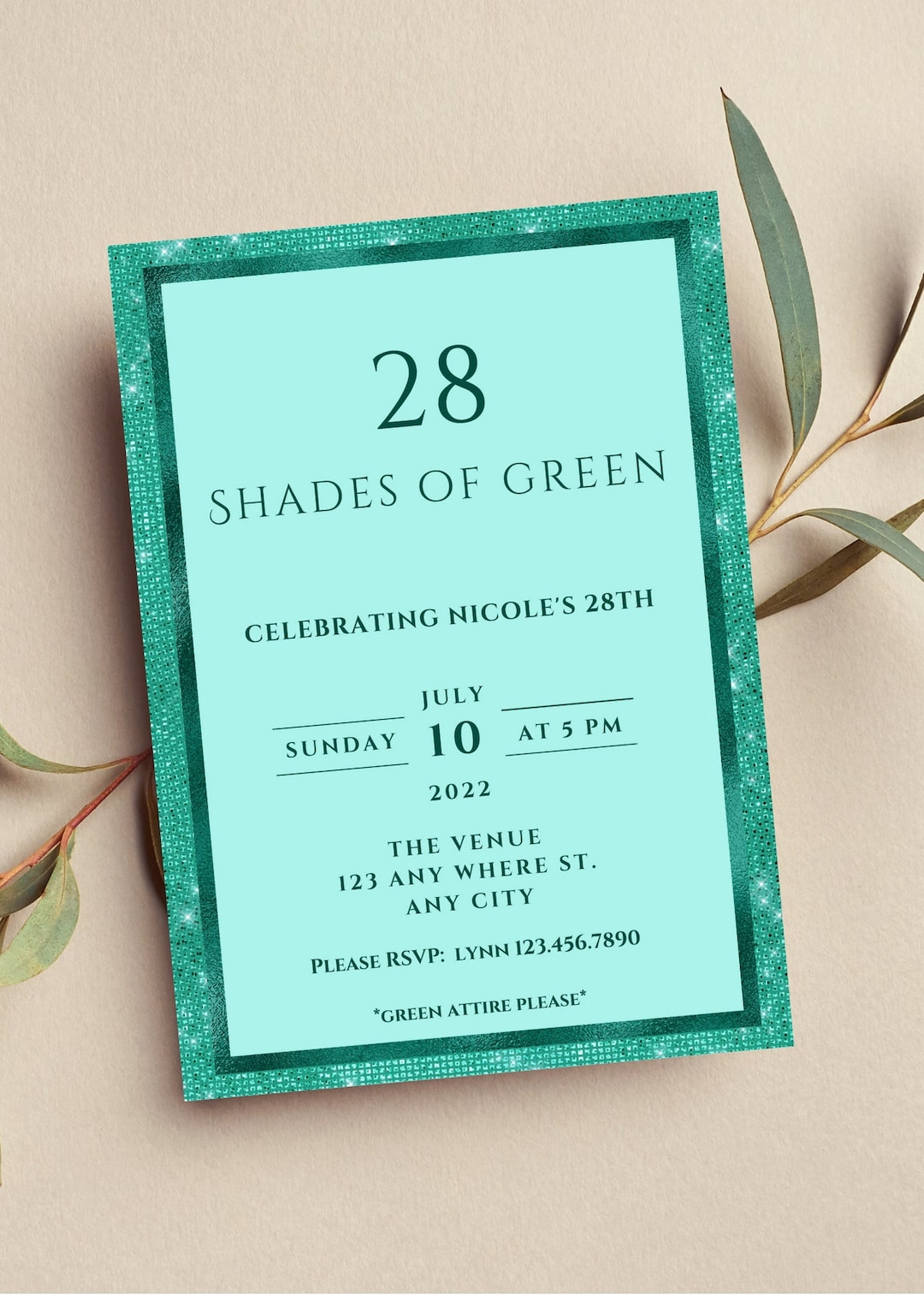 Editable Shades of Green Invitation, Green Birthday Invitation, Print ...
