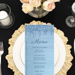 Editable Blue Menu Card Template, Blue Glitter Drip Menu Cards ...