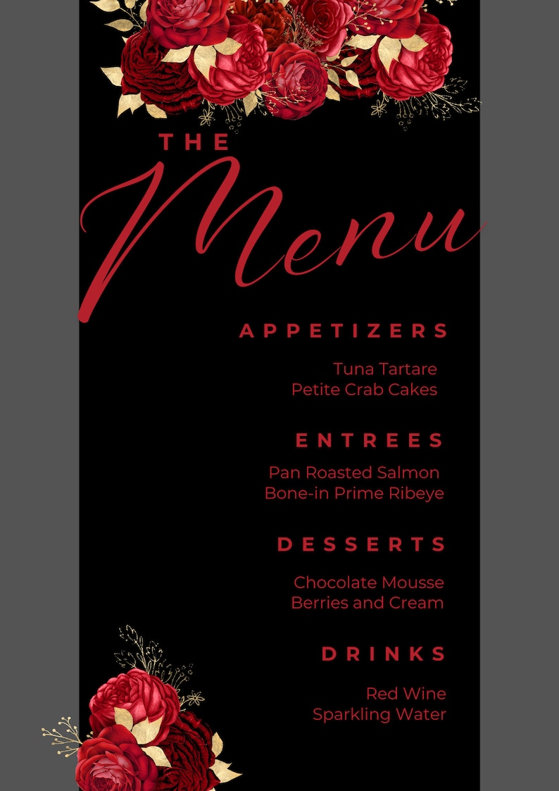 Editable Menu Card Template, Red, Black and Gold Menu Cards, Floral ...