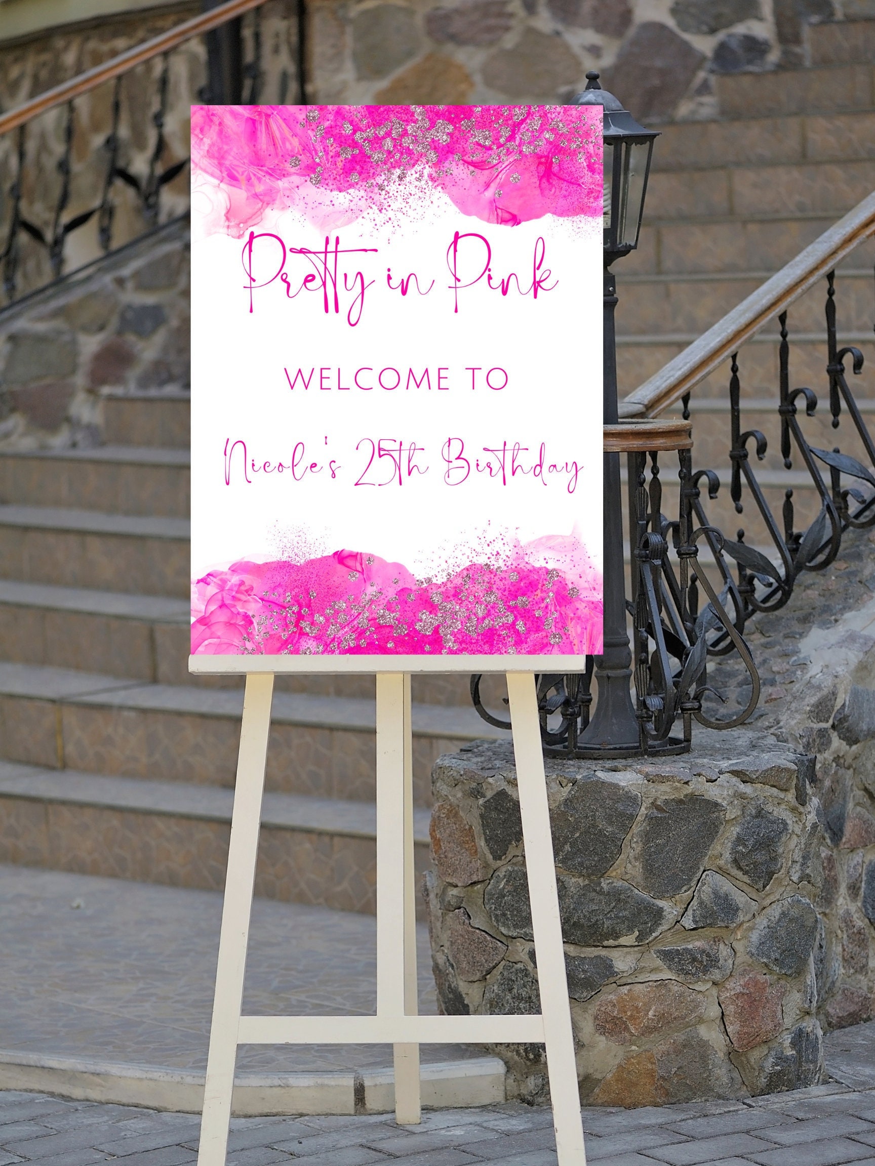 Editable Pretty in Pink Birthday Welcome Sign, Pink Glam, Pink and ...