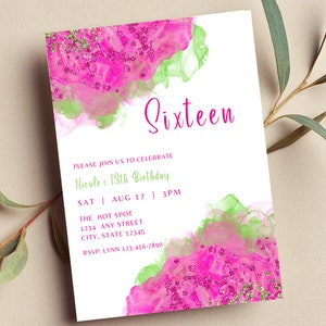 Editable Pink and Green Invitation, Birthday Invitation, Glam, Abstract ...