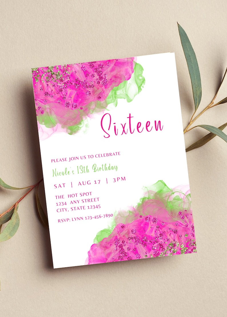 Editable Pink and Green Invitation Birthday Invitation Glam - Etsy