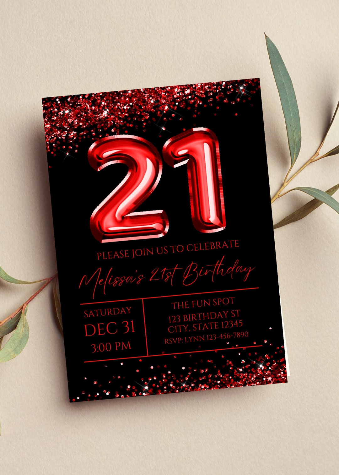 Editable 21st Birthday Invitation, Red and Black Invitation, Red 21 ...