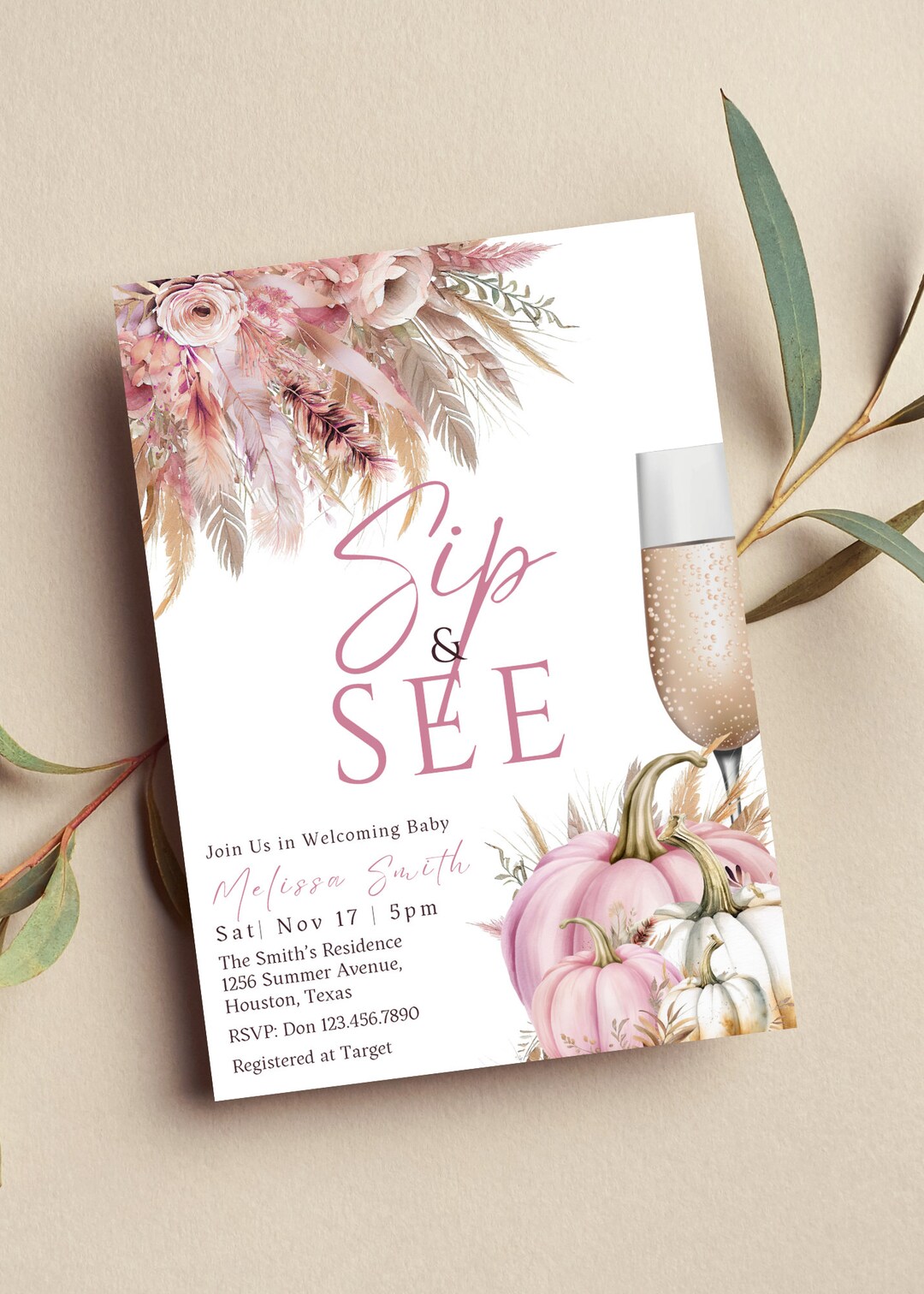 Editable Sip and See Invitation With Pink Boho Florals and Pumpkins ...