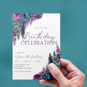 Editable Teal and Purple Birthday Celebration Invitation, Floral ...