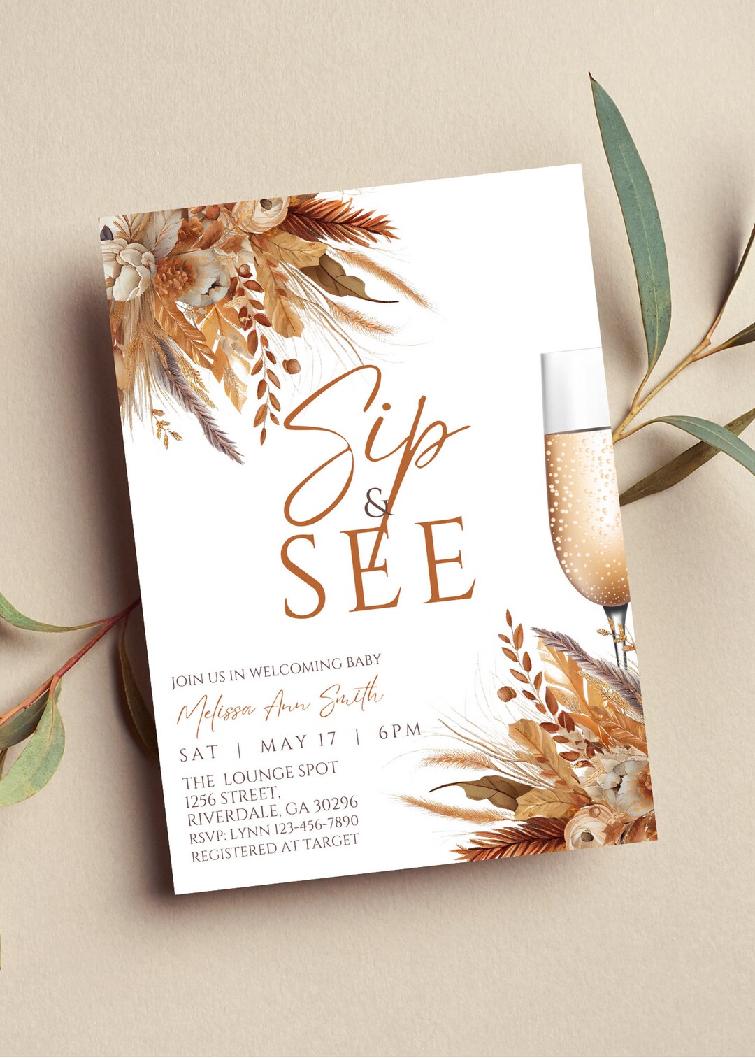 Editable Sip and See Invitation, Autumn, Gender Neutral, Pampas, Fall ...