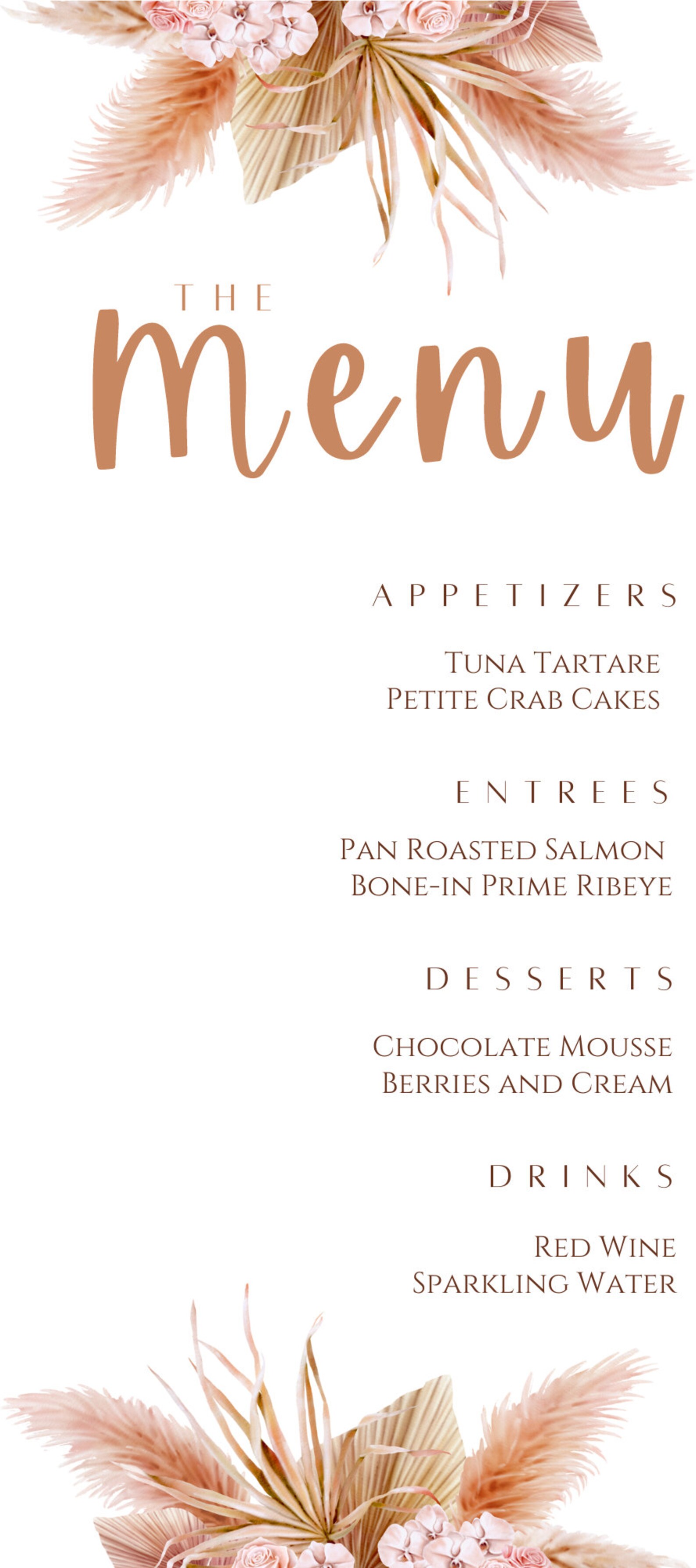Editable Menu Card Template, Boho Menu Cards, Pampas Grass, Birthday ...