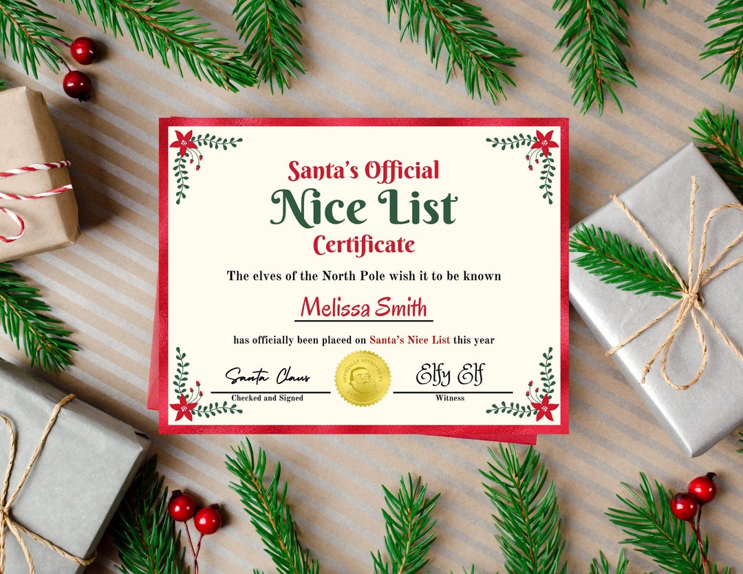 Santa Nice List Certificate Printable, Santa Official Editable Nice ...