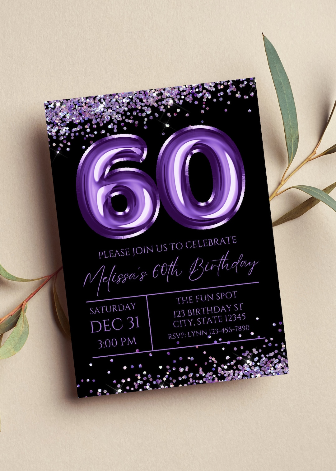 Editable 60th Birthday Invitation, Purple and Black Invitation, Purple ...
