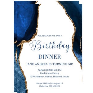 Editable Blue, White, and Gold Birthday Dinner Invitation, Printable or ...