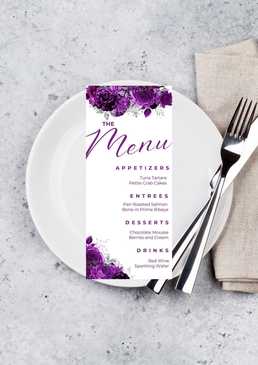 Editable Menu Card Template, Purple and Silver Menu Cards, Floral ...