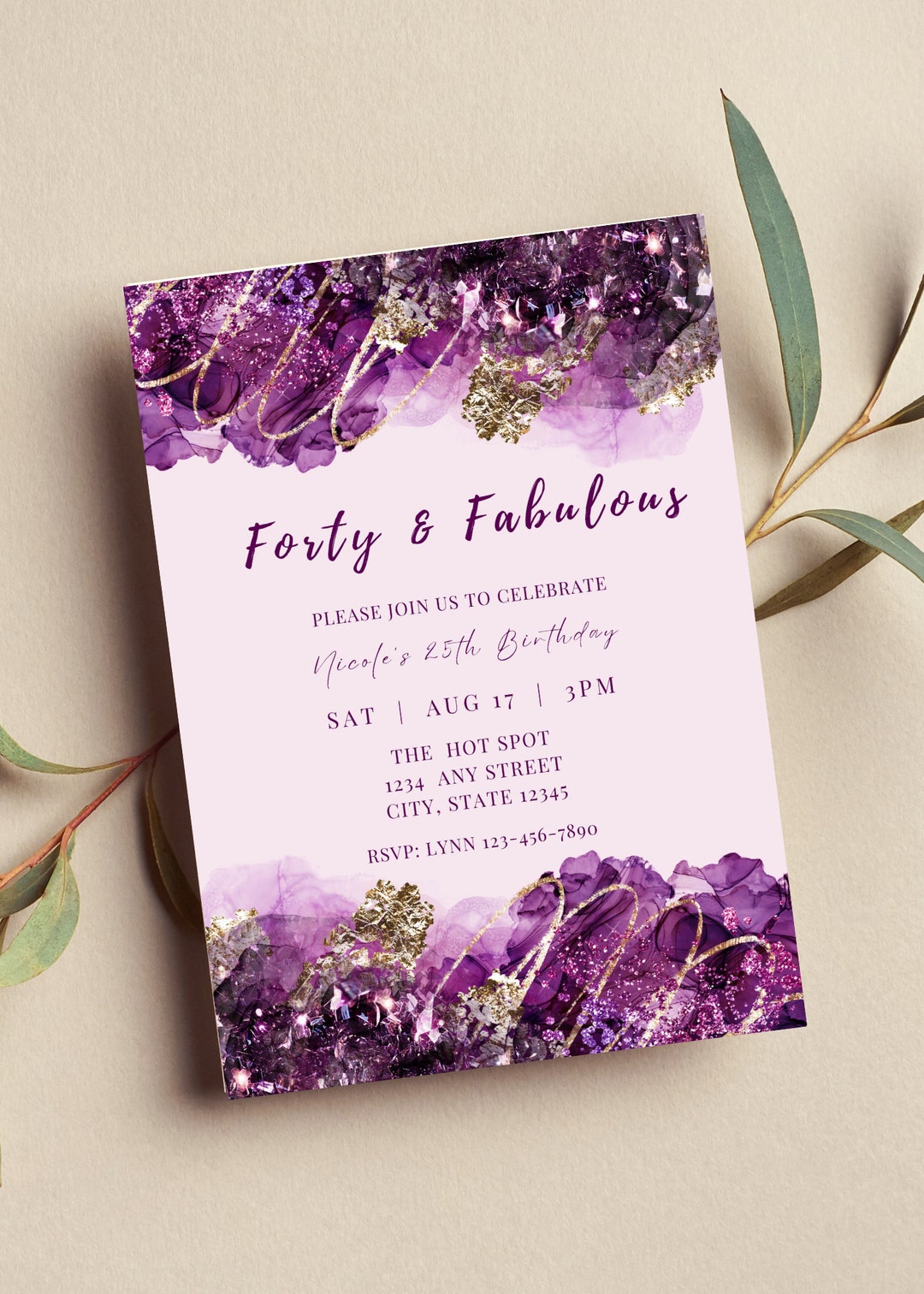 Editable Purple and Gold Invitation, Forty and Fabulous, Birthday ...