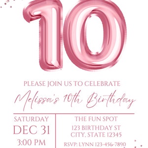 Editable 10th Birthday Invitation, Pink and White Invitation, Pink 10 ...