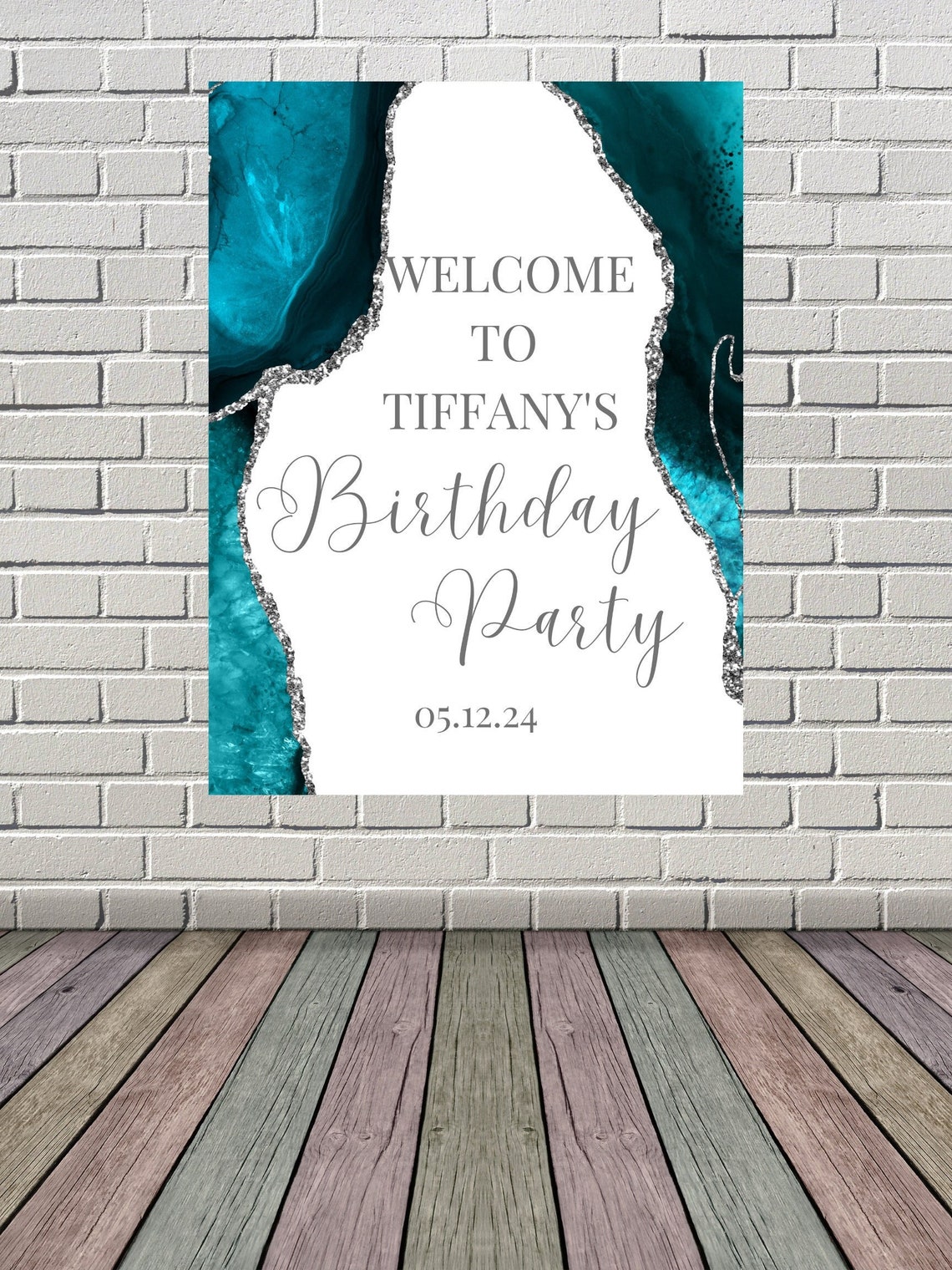 Editable Teal and White Birthday Welcome Sign Agate Birthday - Etsy