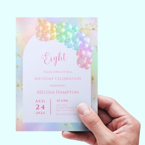 Editable Pastel Birthday Invitation, Rainbow Pastel Balloon Arch Invite ...