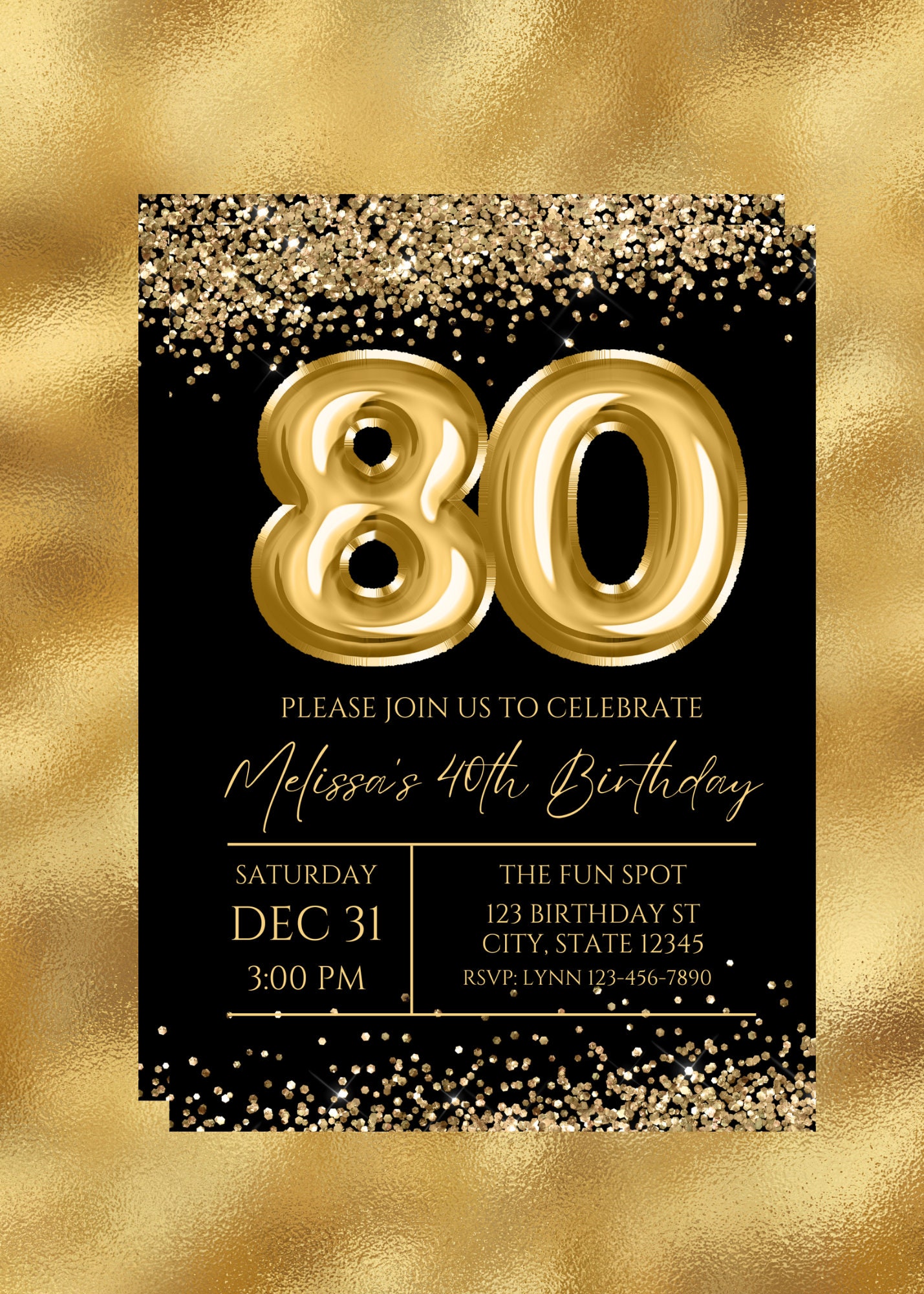 Editable 80th Birthday Invitation, Gold and Black Invitation, Gold 80 ...