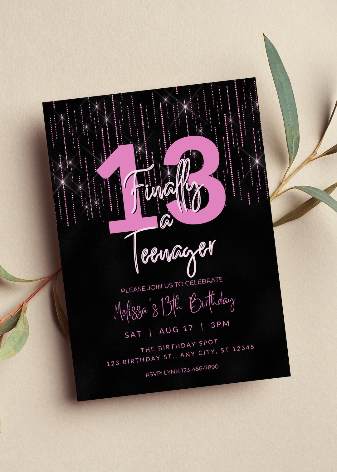 Editable 13th Birthday Invitation, Finally a Teenager, Pink and Black ...
