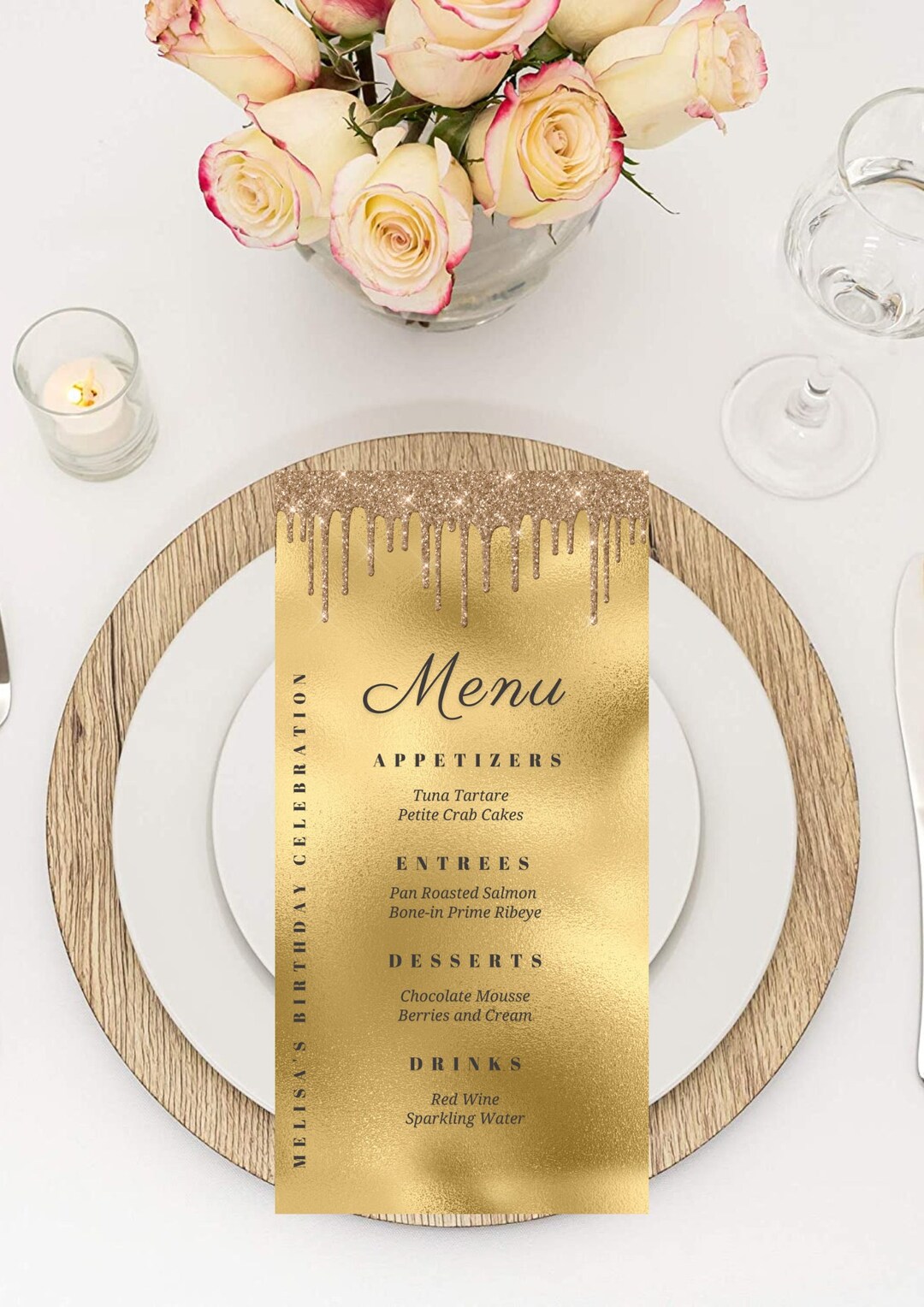 Editable Gold Menu Card Template, Gold Glitter Drip Menu Cards ...
