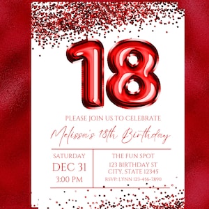 Editable 18th Birthday Invitation, Red and White Invitation, Red 18 ...