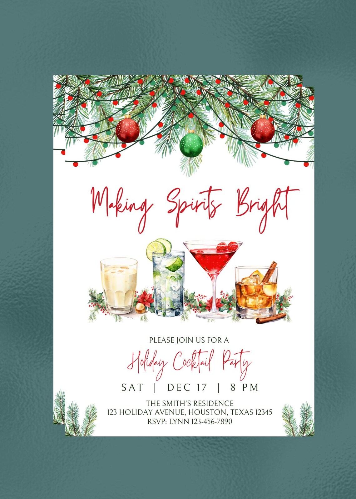 Editable Making Spirits Bright Christmas Invitation, Christmas Cocktail ...