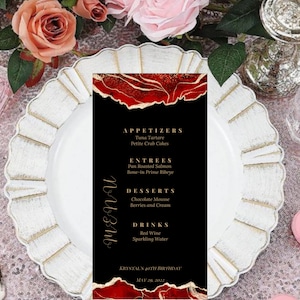 Editable Menu Cards Template, Red and Gold,, Birthday Dinner Menu ...