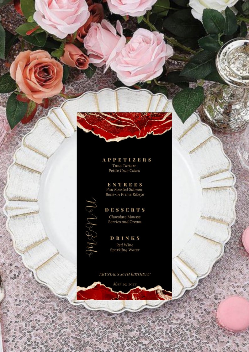 Editable Menu Cards Template, Red and Gold,, Birthday Dinner Menu ...
