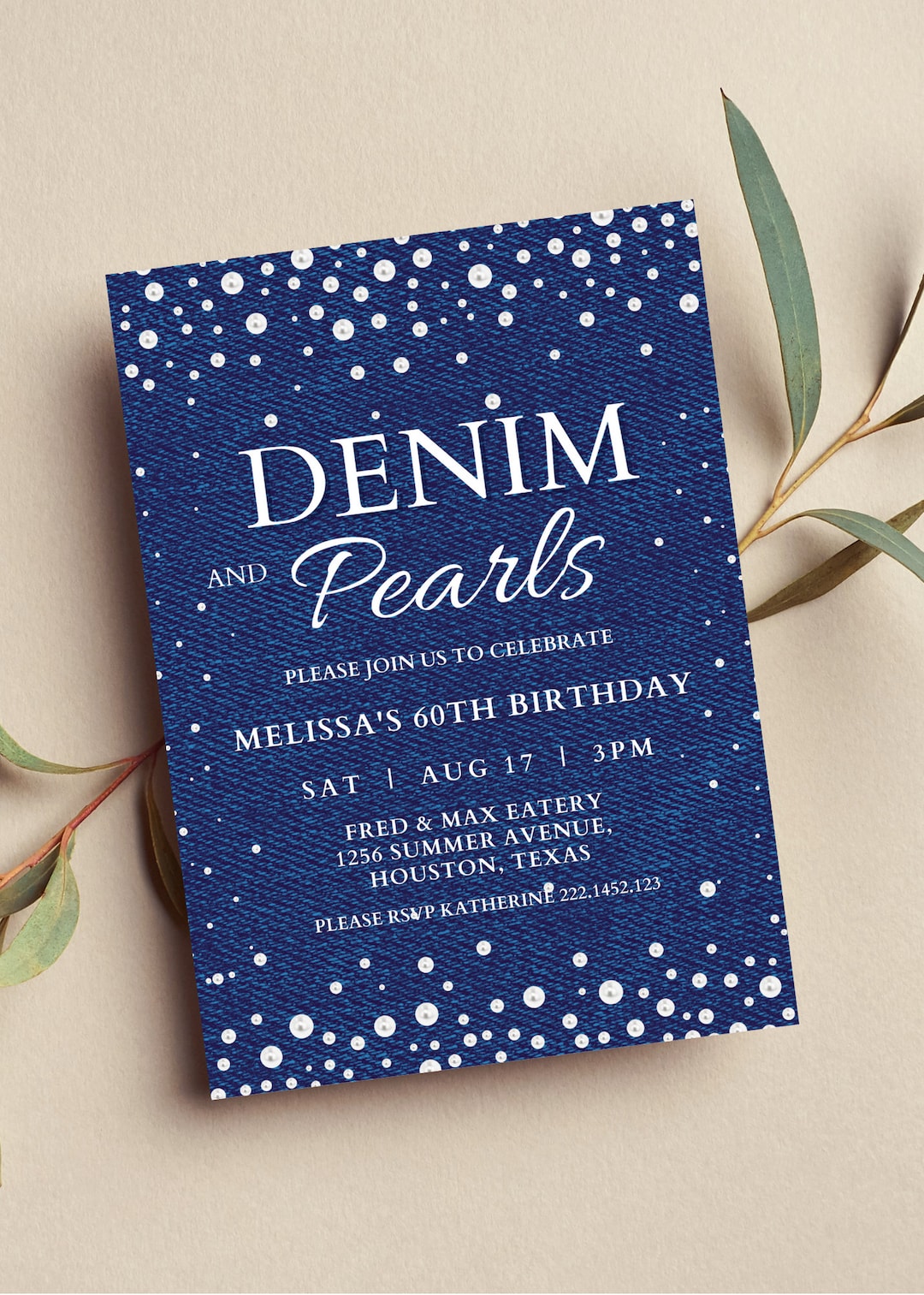 Editable Denim and Pearls Birthday Invitation, Blue Jeans, Glam ...