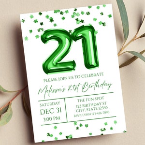 Editable 21st Birthday Invitation, St. Patrick's Day Birthday, Green ...