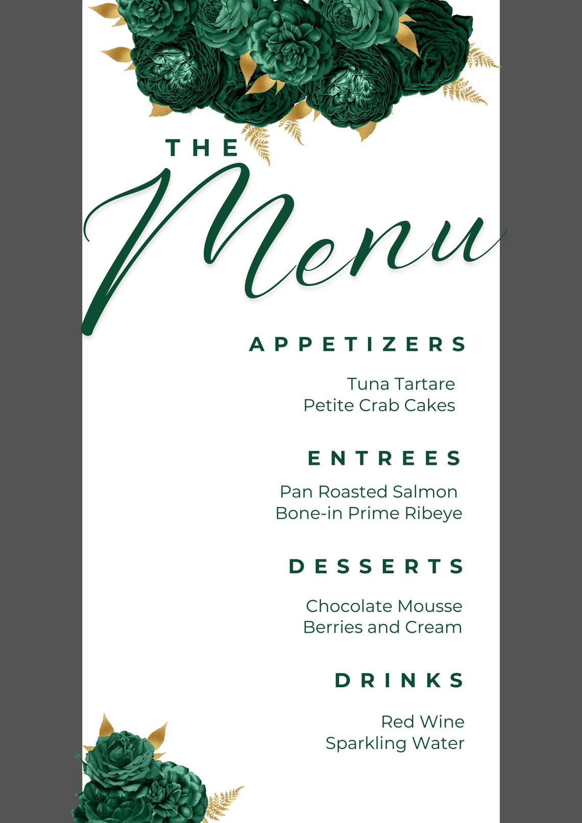 Editable Menu Card Template Emerald Green and Gold Menu Card - Etsy