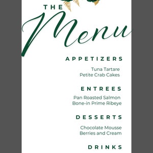 Editable Menu Card Template, Emerald Green and Gold Menu Cards, Floral ...