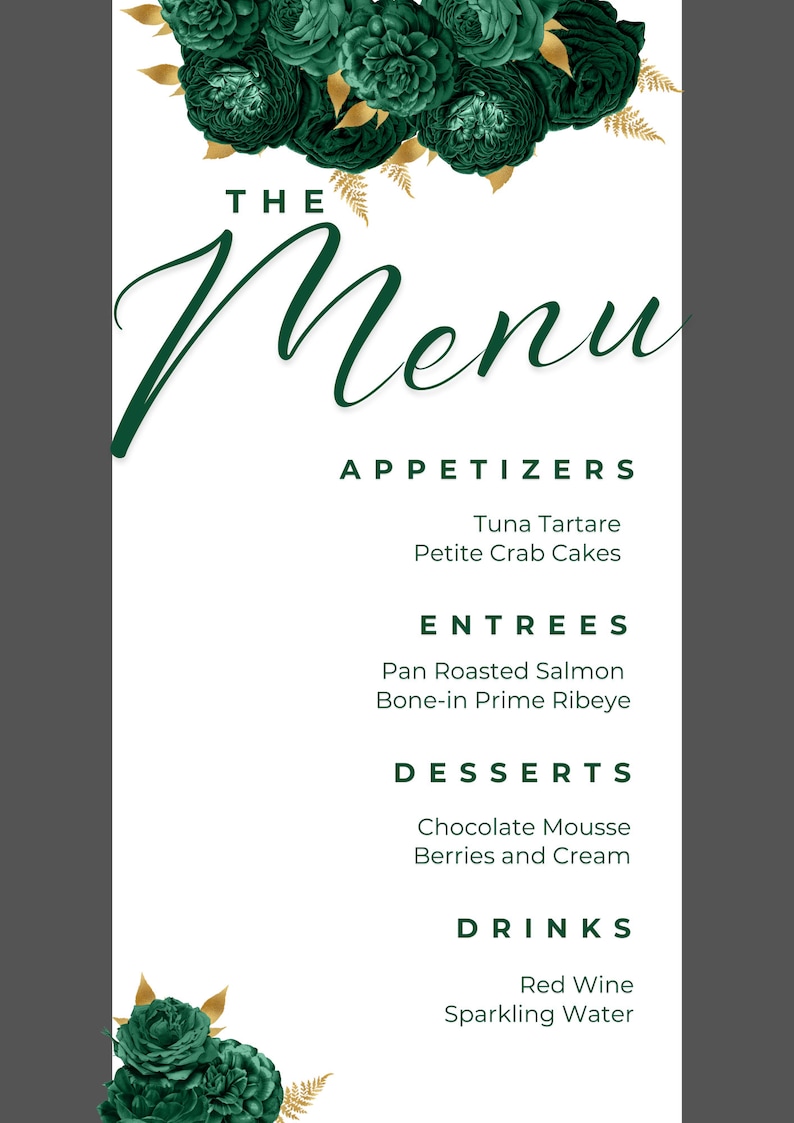 Editable Menu Card Template Emerald Green and Gold Menu Card - Etsy