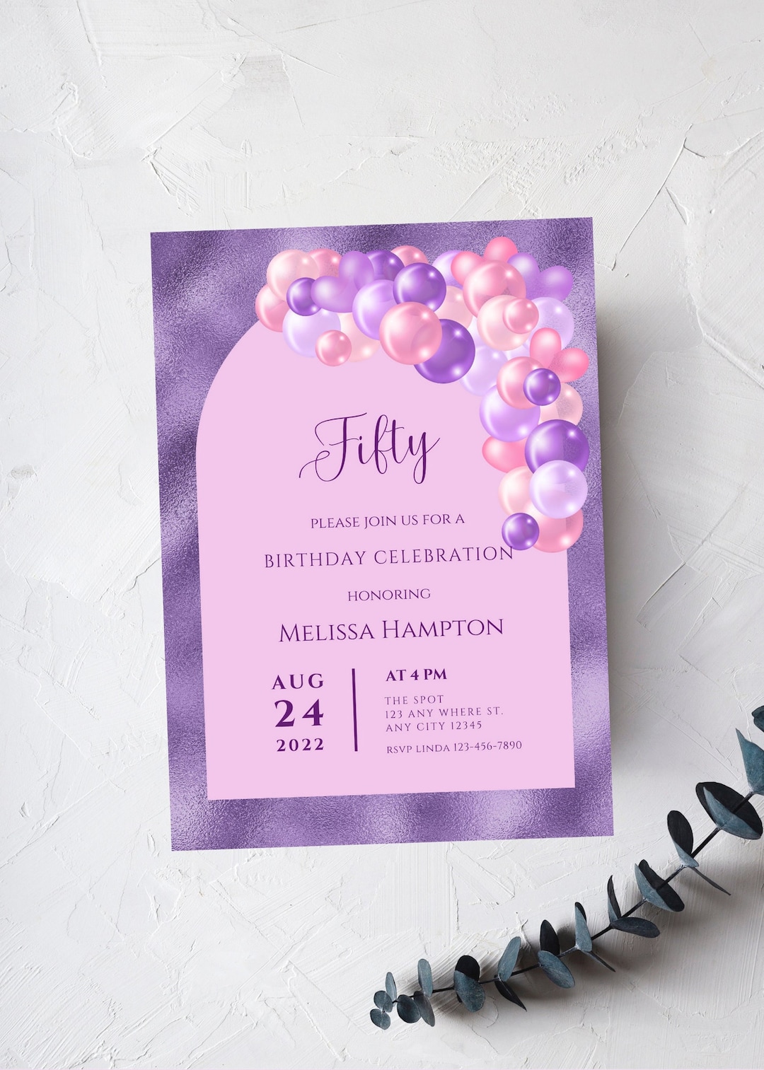 Editable Pink and Purple Birthday Invitation, Pink and Purple Balloon ...