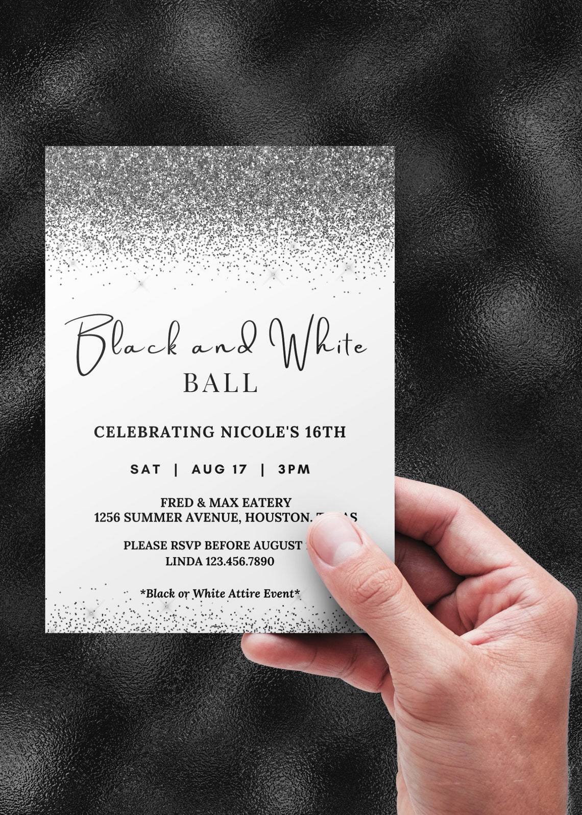 Editable Black and White Ball Invitation, Black Glitter, Print or Text ...