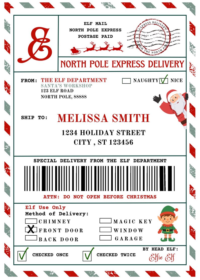 Editable Elf Label, Santa Shipping Label North Pole Gift Tag, Printable ...