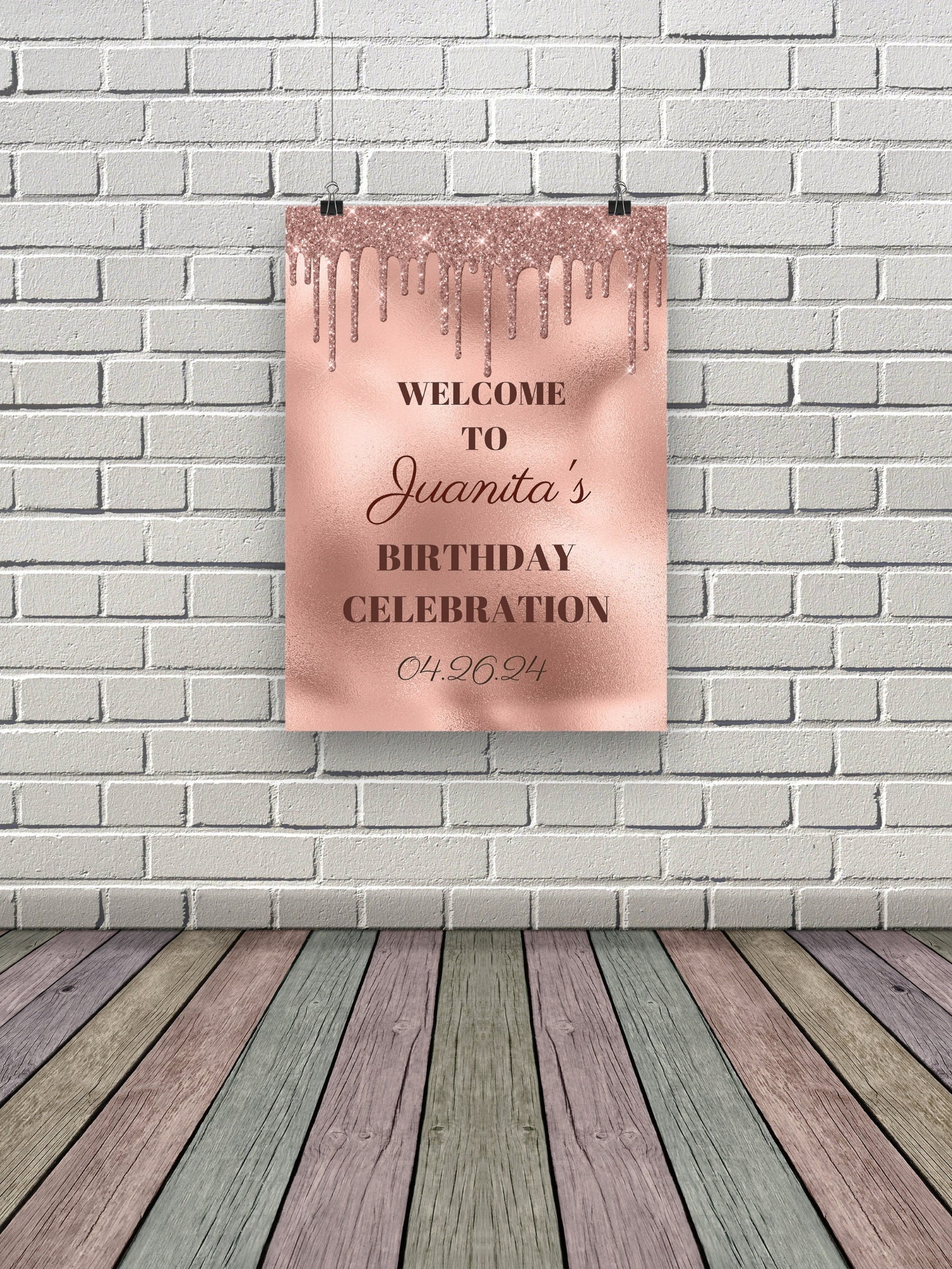 Editable Rose Gold Birthday Welcome Sign Glitter Drip - Etsy