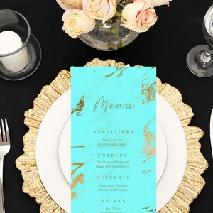 Editable Aqua Blue and Gold Menu Card Template, Marble Design, Luxury ...
