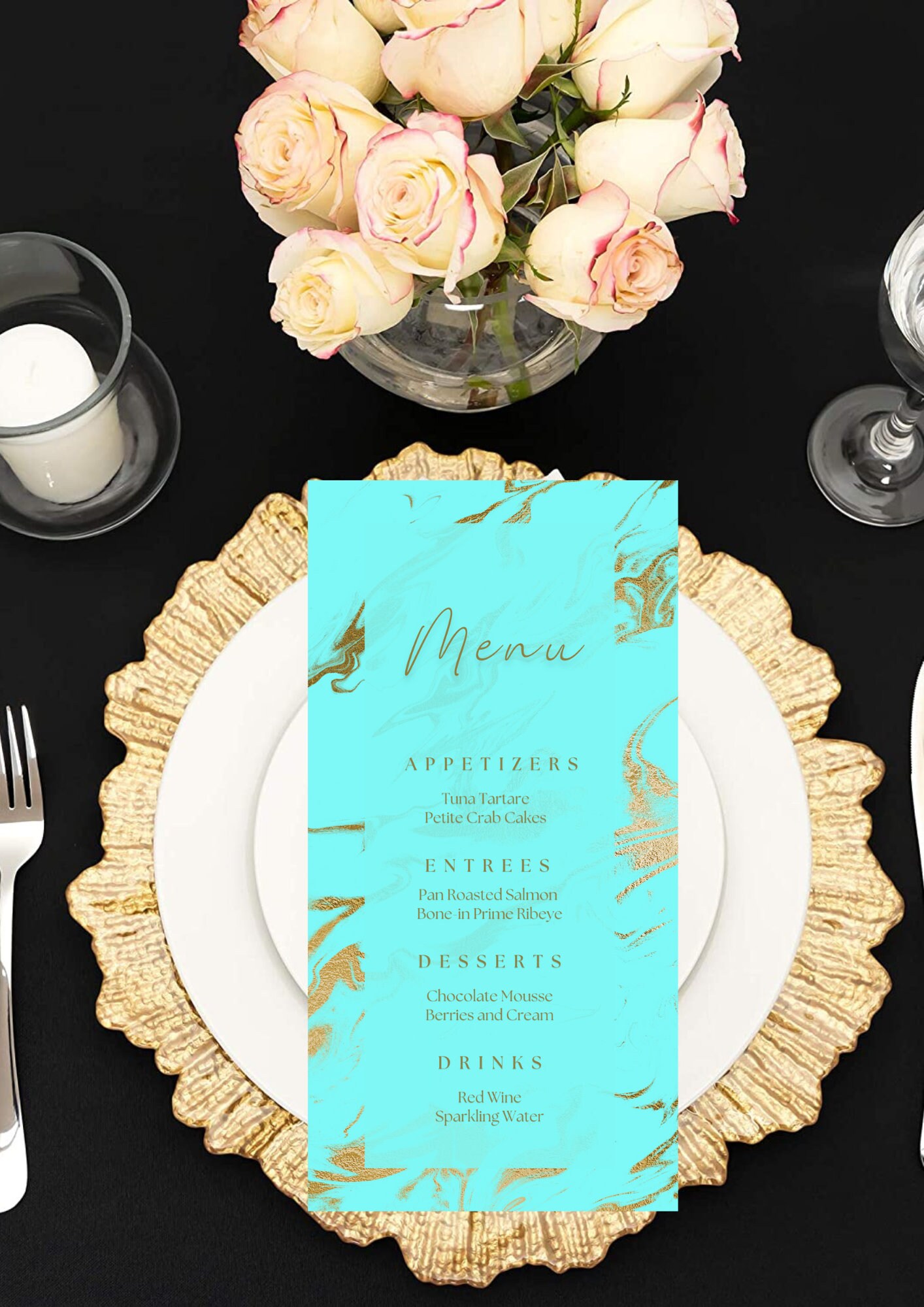 Editable Aqua Blue and Gold Menu Card Template, Marble Design, Luxury ...