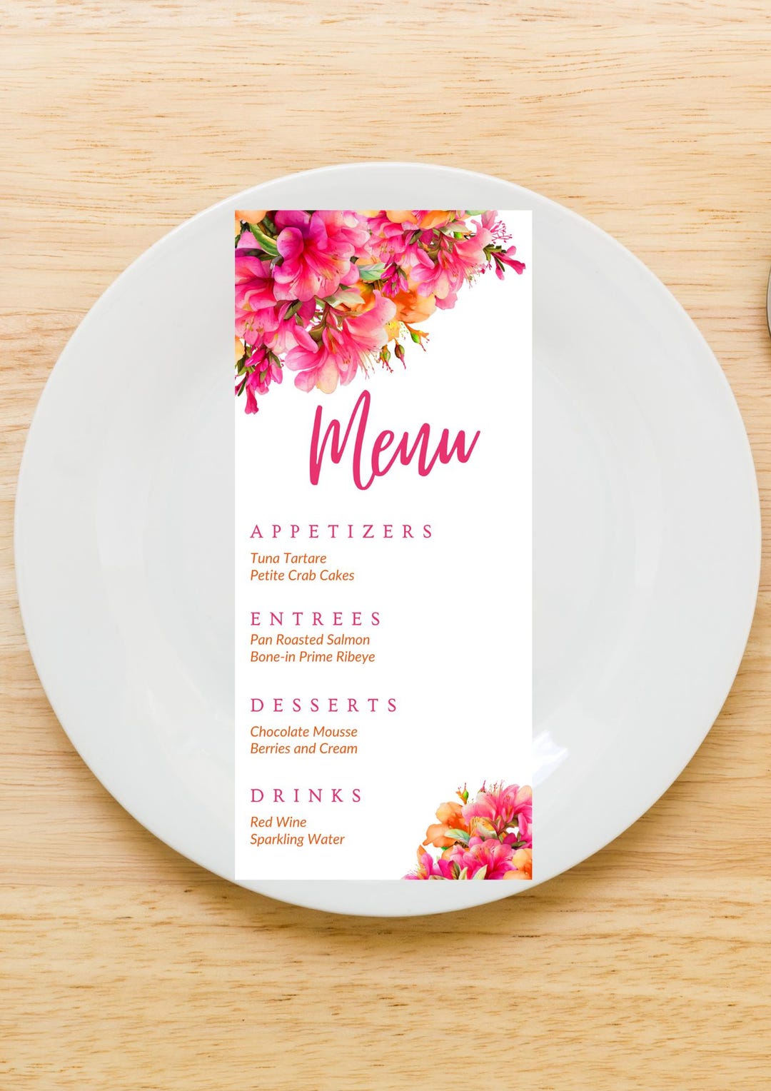Editable Pink and Orange Floral Menu Card Template, Birthday, Dinner ...