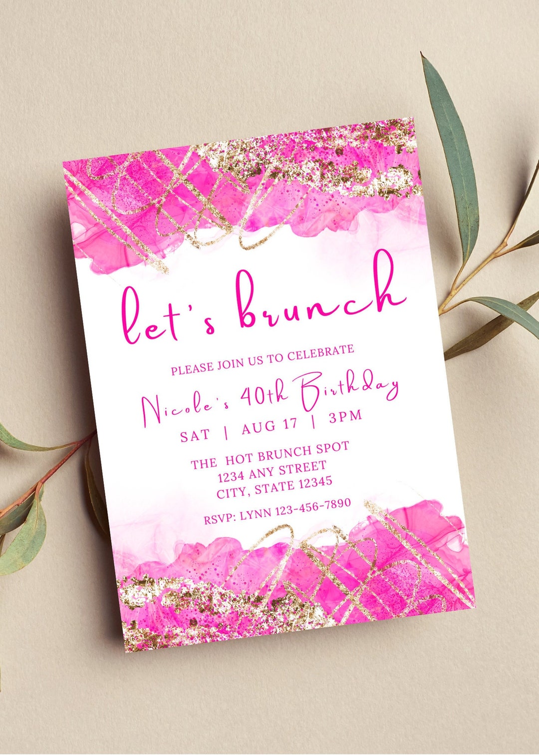 Editable Brunch Invitation, Let's Brunch, Pink and Gold Invite ...